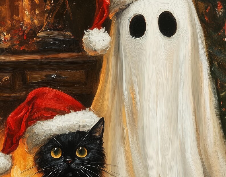 Funny Ghost Halloween Christmas Art, Cute Santa Ghost With Cat, Spooky ...