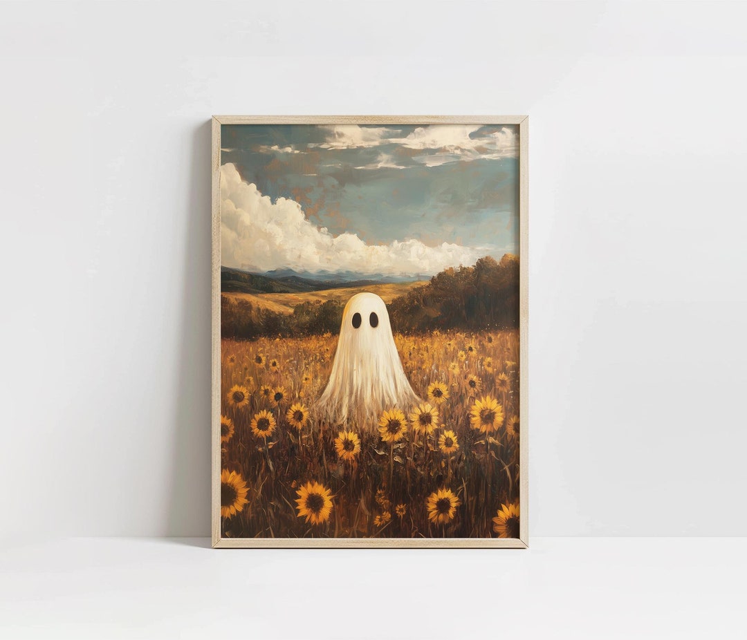 Vintage Ghost in Sunflower Field Art, Halloween Landscape, Spooky Fall ...