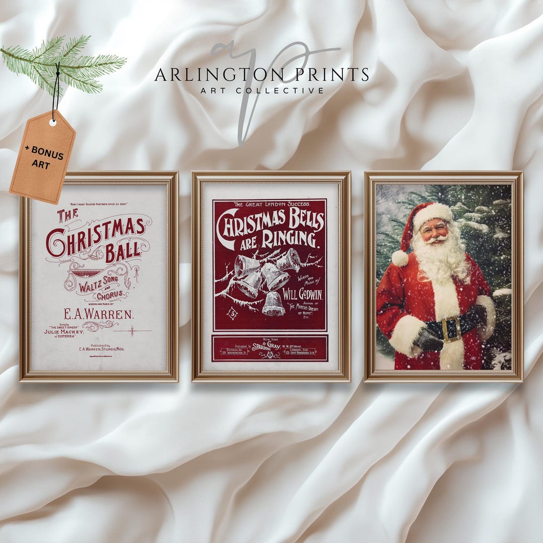 Vintage Christmas Santa Art Set of 3, Classic Christmas Decor ...