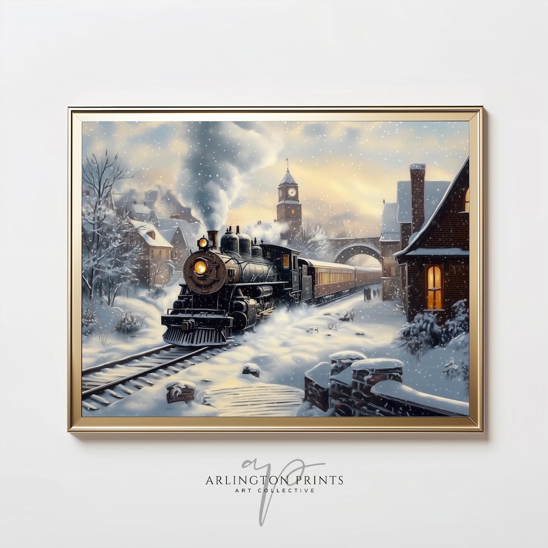 Christmas Train Art Print, Vintage Winter Painting, Vintage Train ...