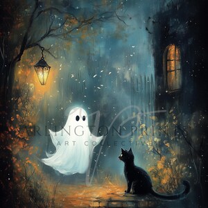 Cute Ghost Printable Halloween Art, Ghost and Black Cat, Vintage ...