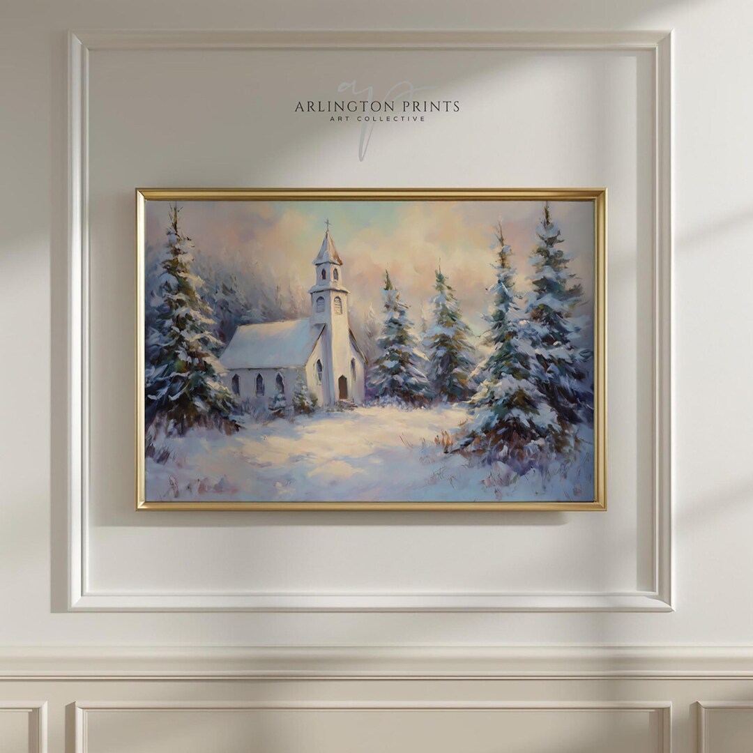 Snowy Church Winter Scene Printable – Peaceful Forest Chapel Art ...
