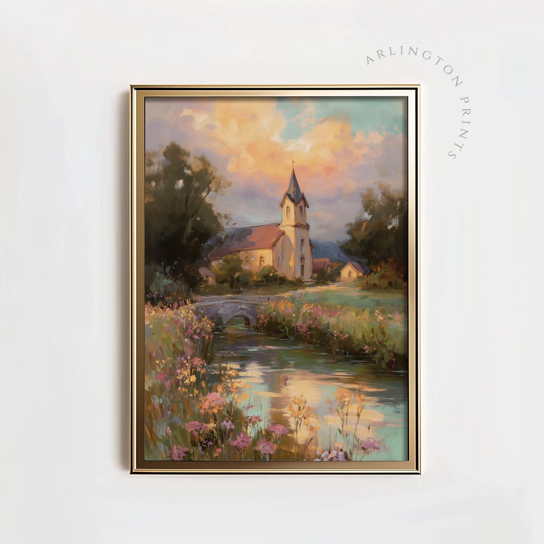 Countryside Church Wall Art PRINTABLE, Floral Landscape Painting ...