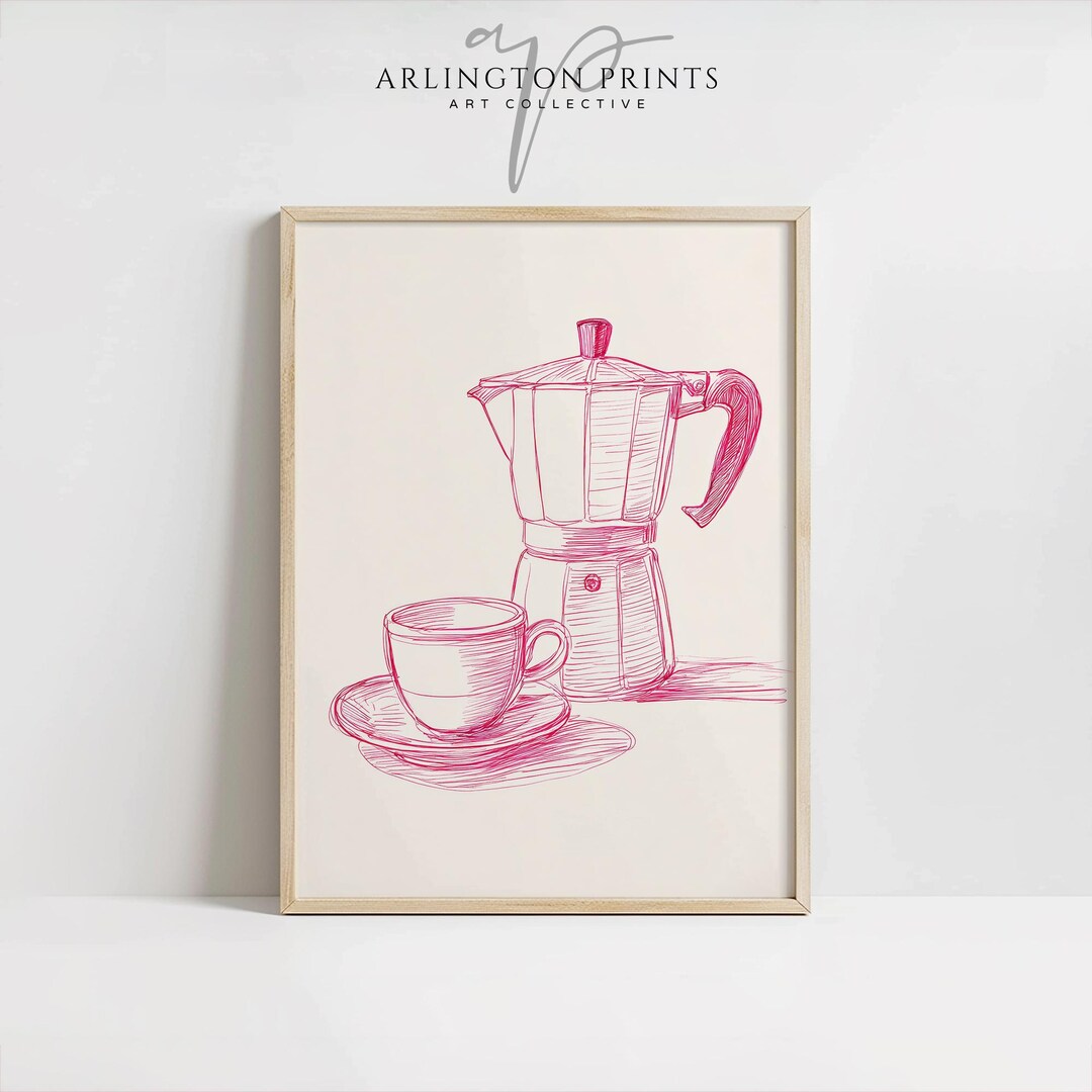 Pink Moka Pot Drawing Print, PRINTABLE Coffee Bar Wall Art, Preppy ...