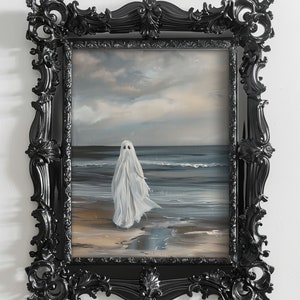 Ghost on Beach Wall Art, Printable Halloween Decor, Neutral Coastal Oil ...