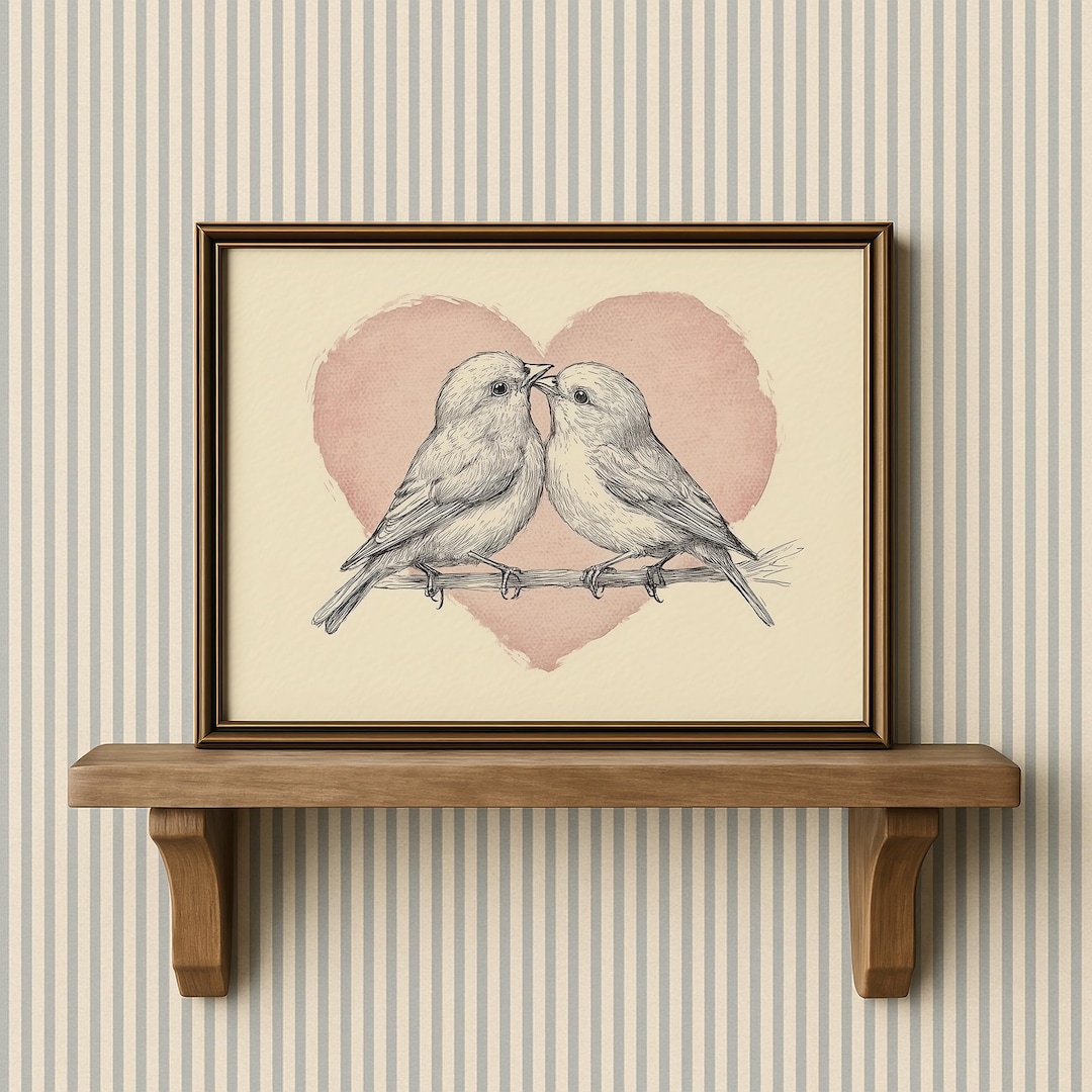 Romantic Love Birds Valentines Print Unframed – Soft Neutral Cottage ...