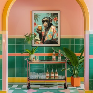 Funny Monkey Wall Art, Trendy Bar Cart Art, Cocktail Print, Preppy ...