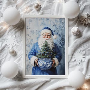 Trendy Blue Floral Santa Painting, PRINTABLE Christmas Home Wall Art ...