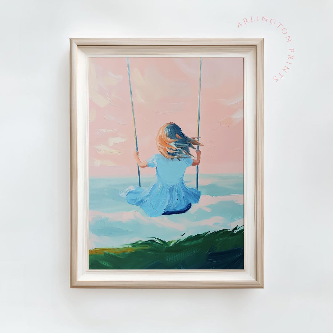 Girl on A Swing Painting, Printable Little Kid Wall Art, Pink Girly Kid ...