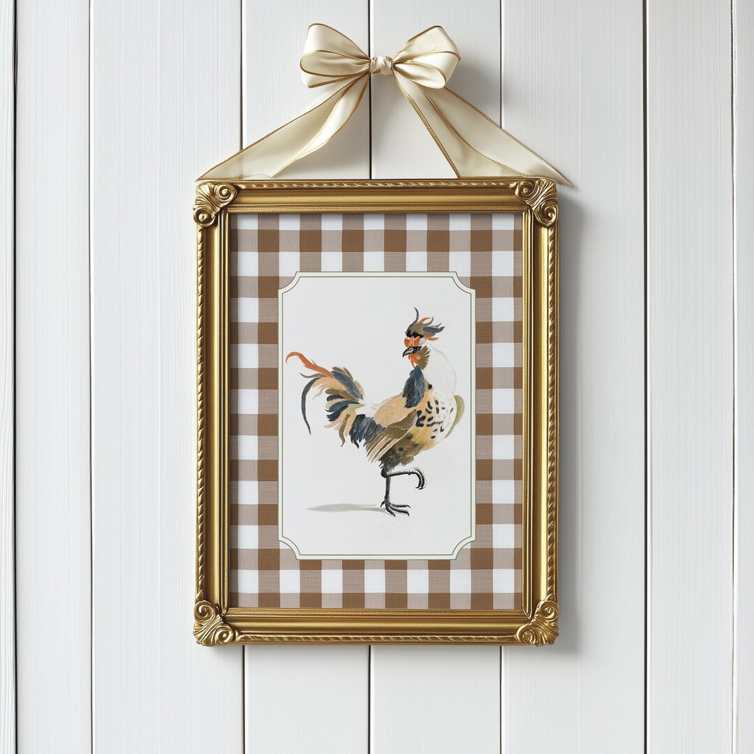 Vintage Chicken Kitchen Art, PRINTABLE Gingham Farmhouse Kitchen Decor ...