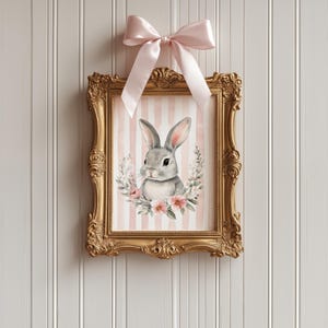 Printable Cute Pink Floral Bunny Art, Pink Stripe Spring Nursery Wall ...
