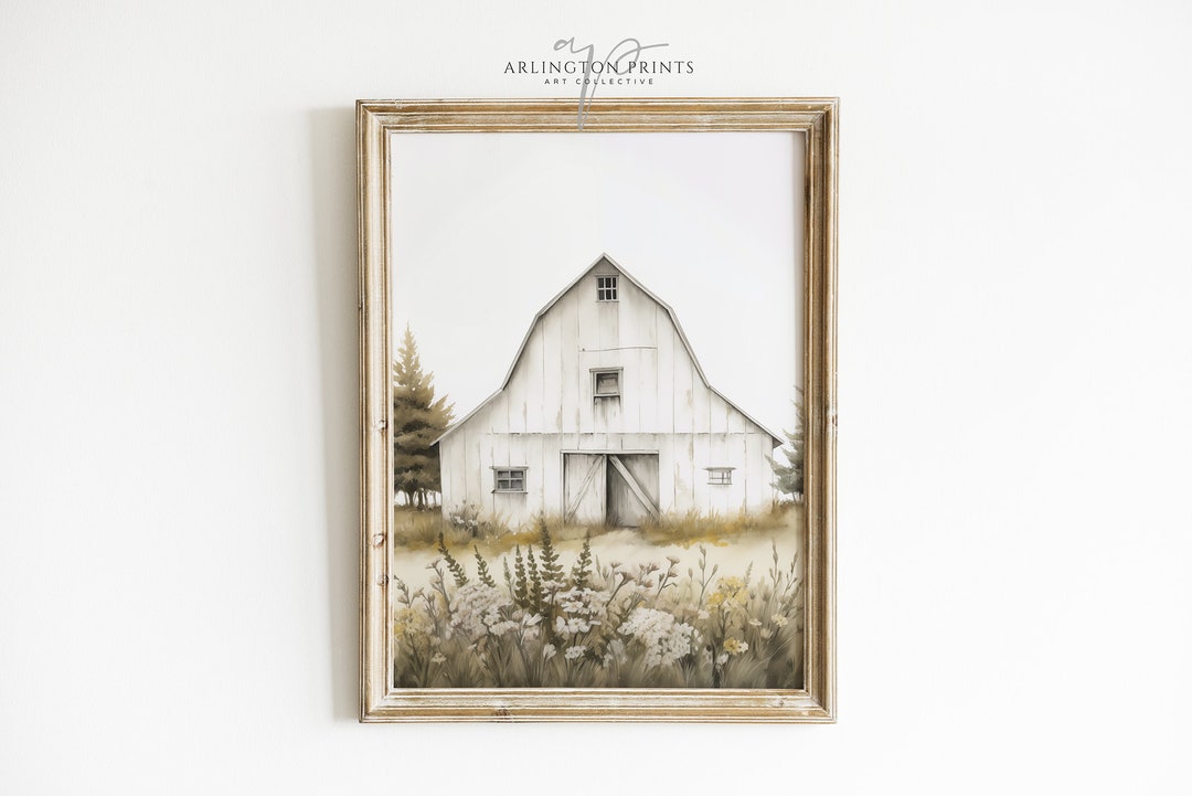Printable Rustic Barn Art, White Barn Painting, Rustic Farmhouse Summer ...