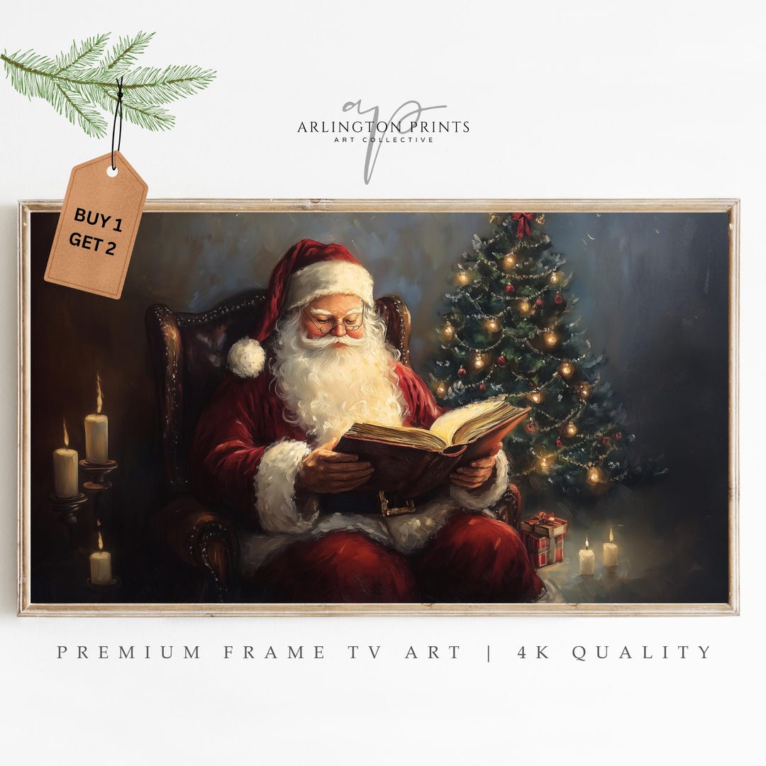 Vintage Christmas Frame TV Art, Santa Reading a Book Painting, Winter ...