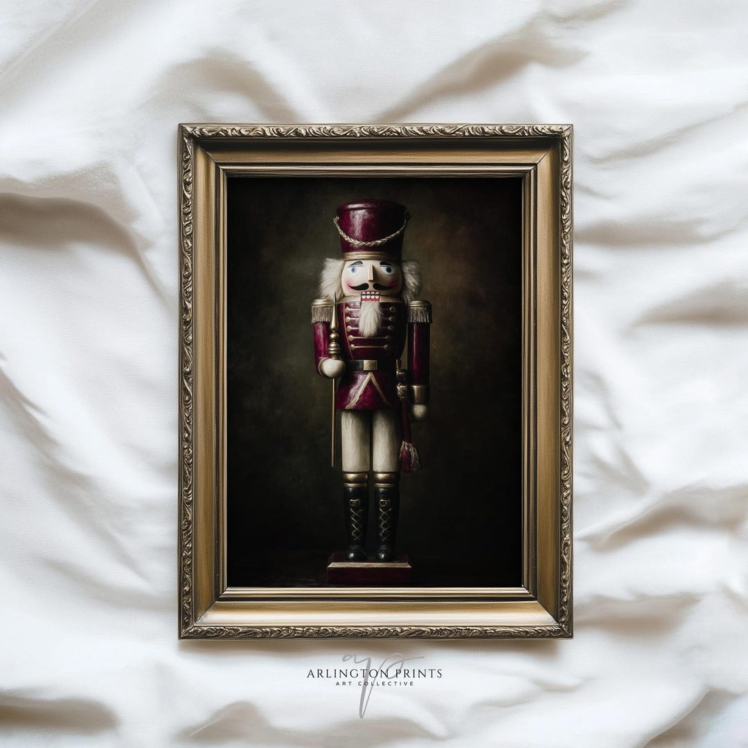 Moody Burgundy Nutcracker Painting, Vintage Christmas Wall Art, Dark ...