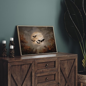 Spooky Halloween Bats Print, Full Moon Wall Art, Autumn Leaves Painting ...