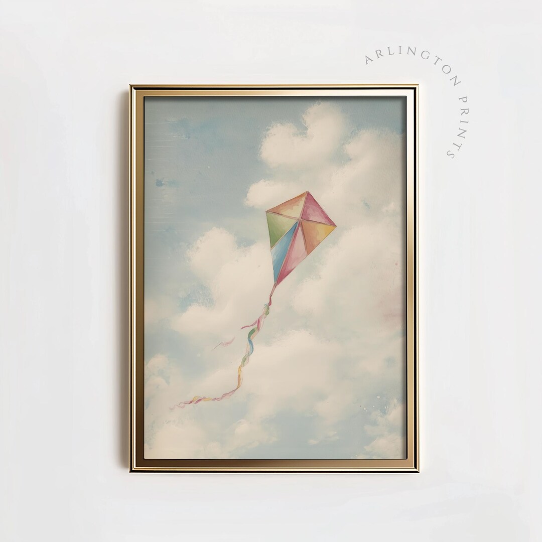 Vintage Kite Nursery Print, Whimsical Sky Wall Art, Pastel Watercolor ...
