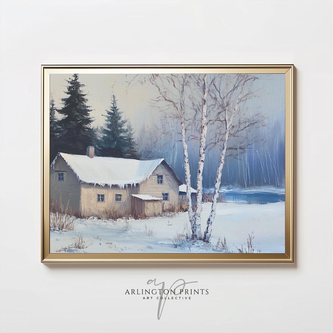Vintage Winter Landscape Painting, Printable Rustic Farmhouse, Snowy ...