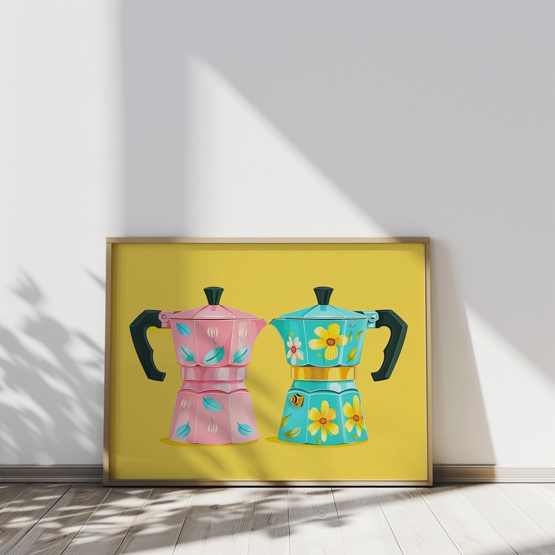 Colorful Coffee Bar Print, Cute Floral Art, Moka Pots, Retro Vibes ...