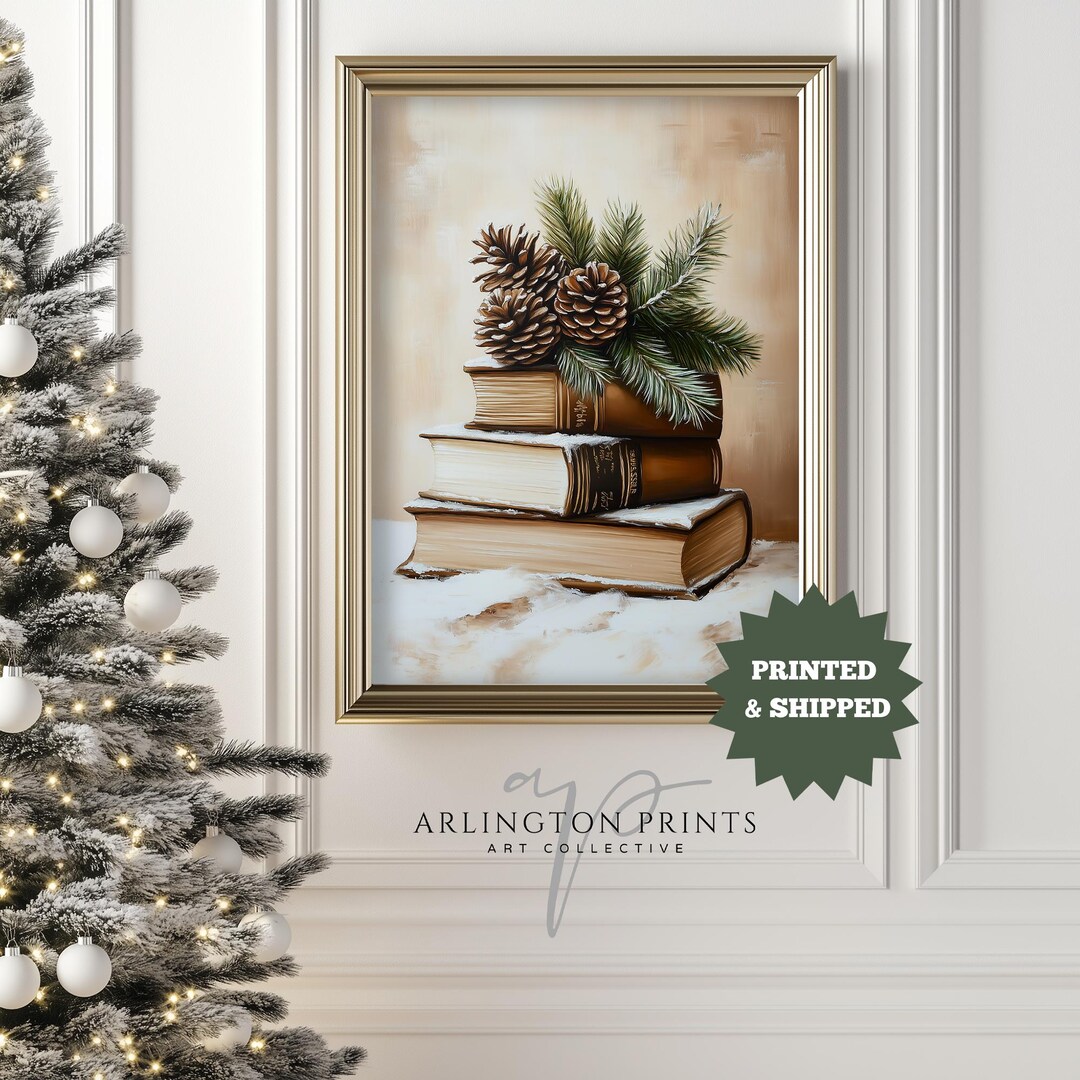 Rustic Christmas Winter Home Art, Vintage Book Stack Still Life Wall ...