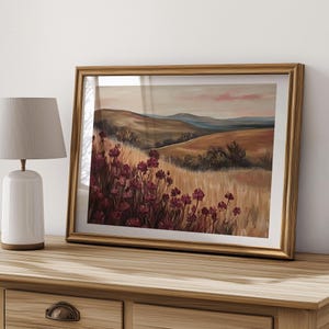 Moody Red Wildflowers Art Print, Vintage Oil Painting Maroon Scenery ...