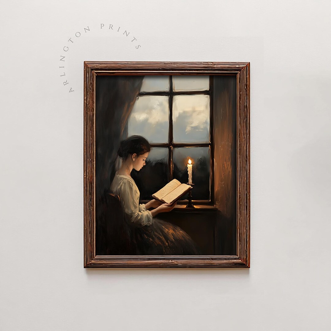 Moody Reading Nook Printable Art, Vintage Candlelight Girl Portrait ...