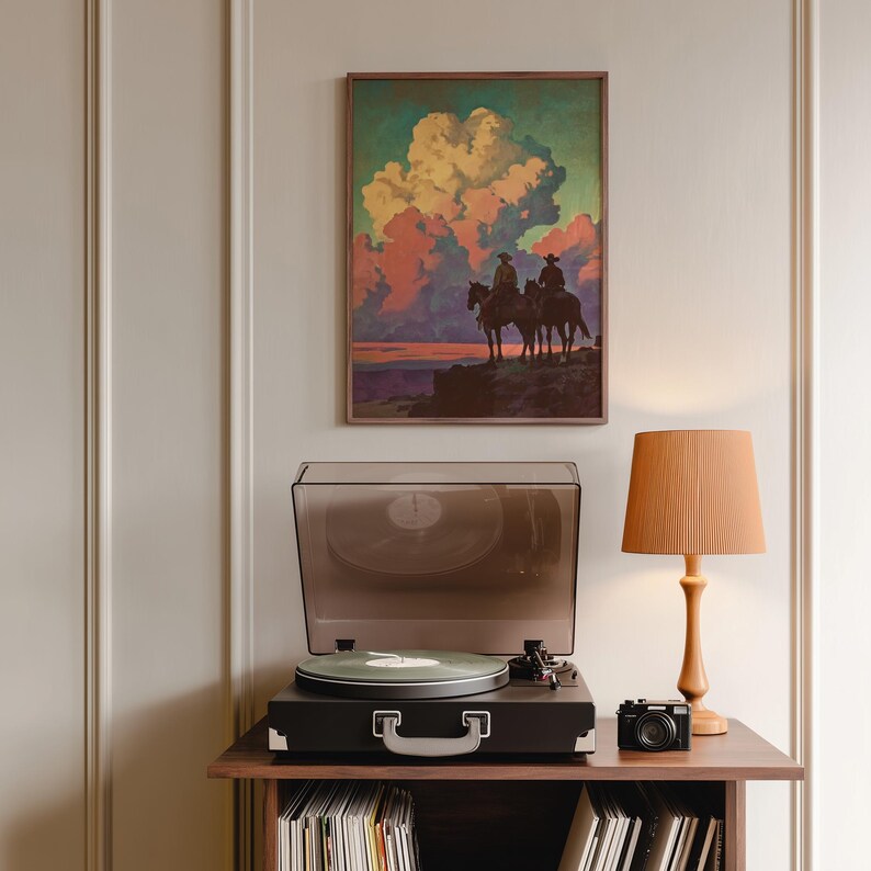 Western Cowboy Sunset Wall Art, Printable Desert Painting With Horses ...