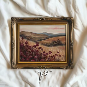 Moody Red Wildflowers Art Print, Vintage Oil Painting Maroon Scenery ...