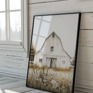 Printable Rustic Barn Art, White Barn Painting, Rustic Farmhouse Summer ...