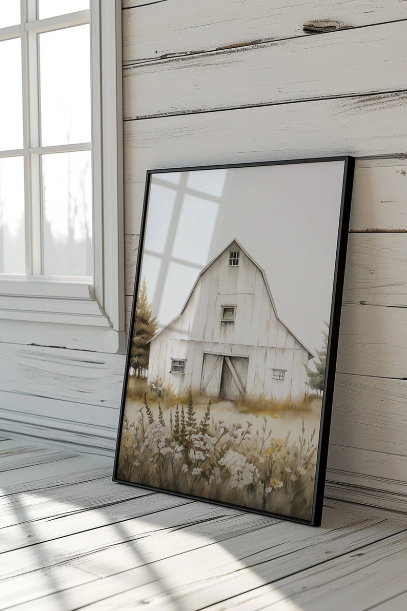 Printable Rustic Barn Art, White Barn Painting, Rustic Farmhouse Summer ...