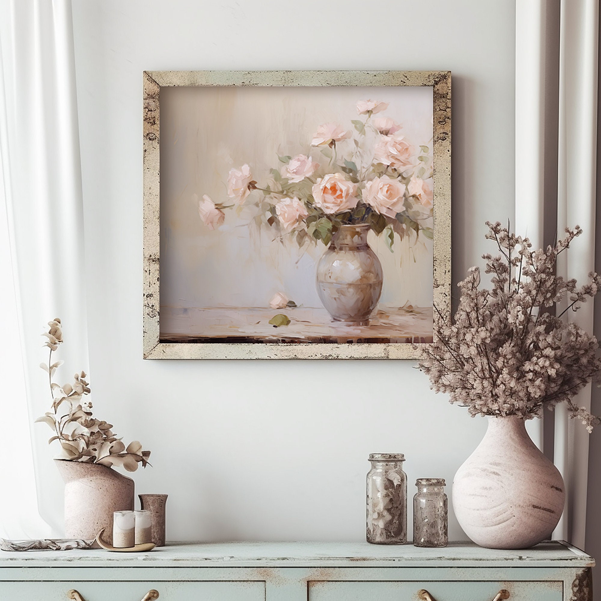 Vintage Floral Art, Pink Roses, Romantic, Oil Painting, Spring Home ...