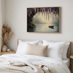 Moody Lake Painting, PRINTABLE Boat Wall Art, Vintage Landscape Wall Decor, Muted Wisteria Print ...