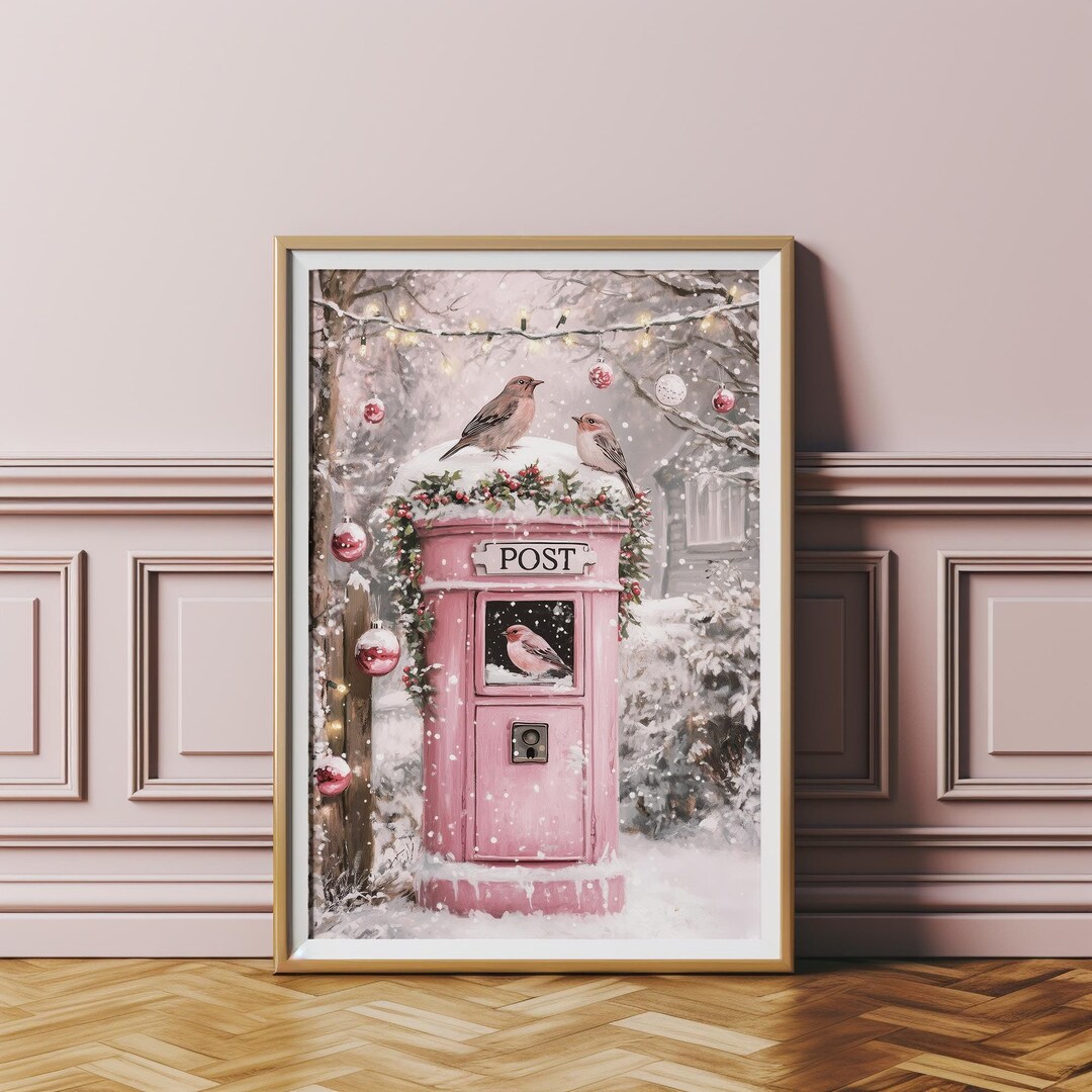 Vintage Pink Post Box Christmas Print, Printable Rural England Winter ...