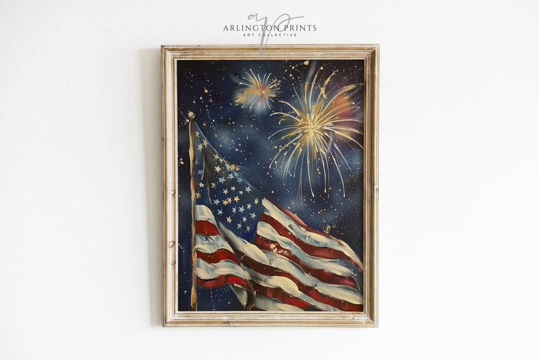 4th of July Vintage Wall Art Printable American Flag and Fireworks Art ...