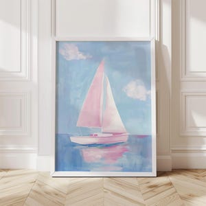 Pastel Pink Blue Sailboat Wall Art, Coastal Summer Ocean Painting ...