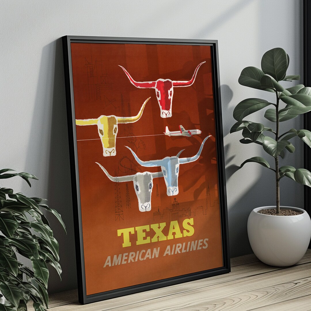 Vintage Texas Travel Poster Print, Retro Longhorn Wall Art, Mid-century ...