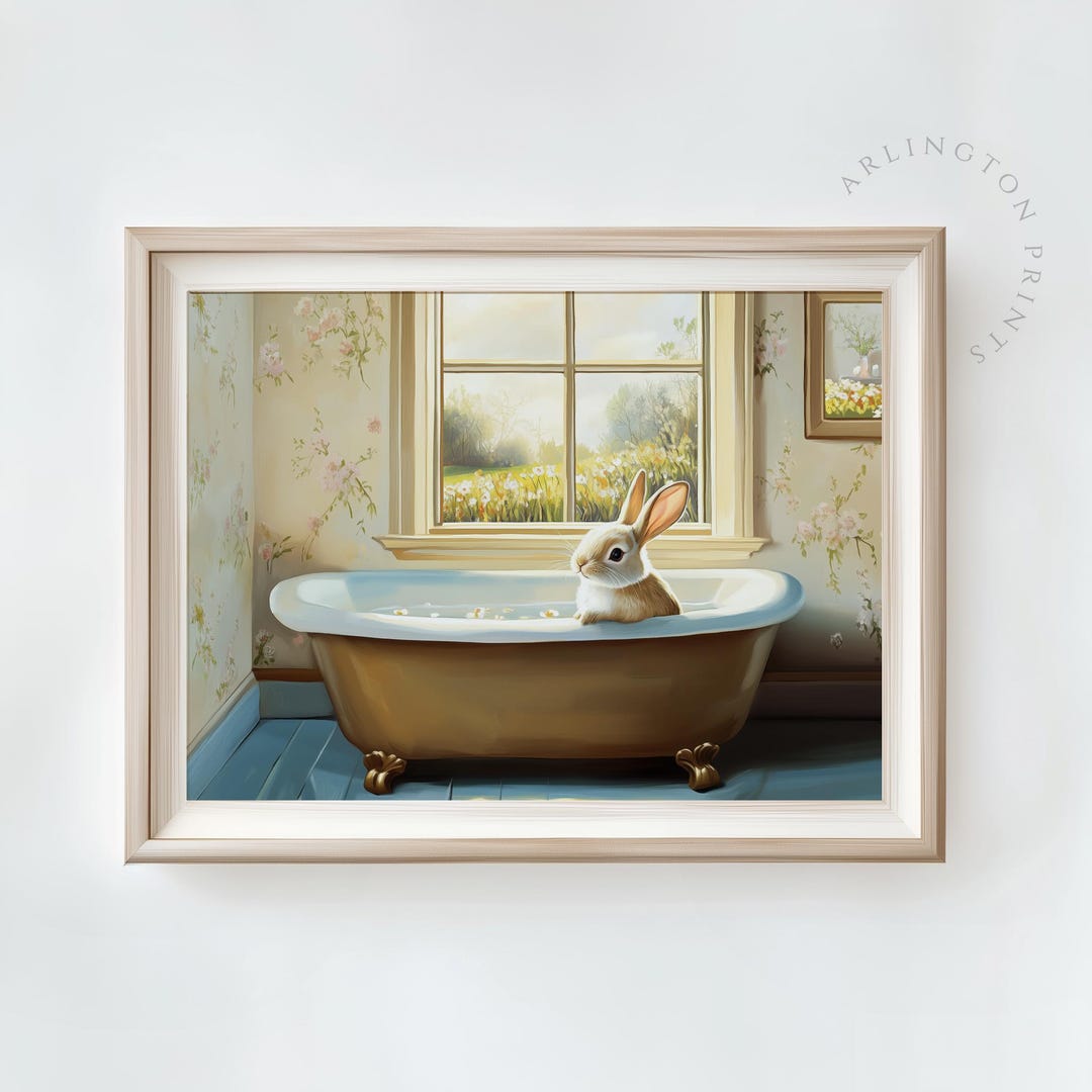 Cute Bunny Art Print, Yellow Nursery Wall Art, Printable Bunny in a Tub ...