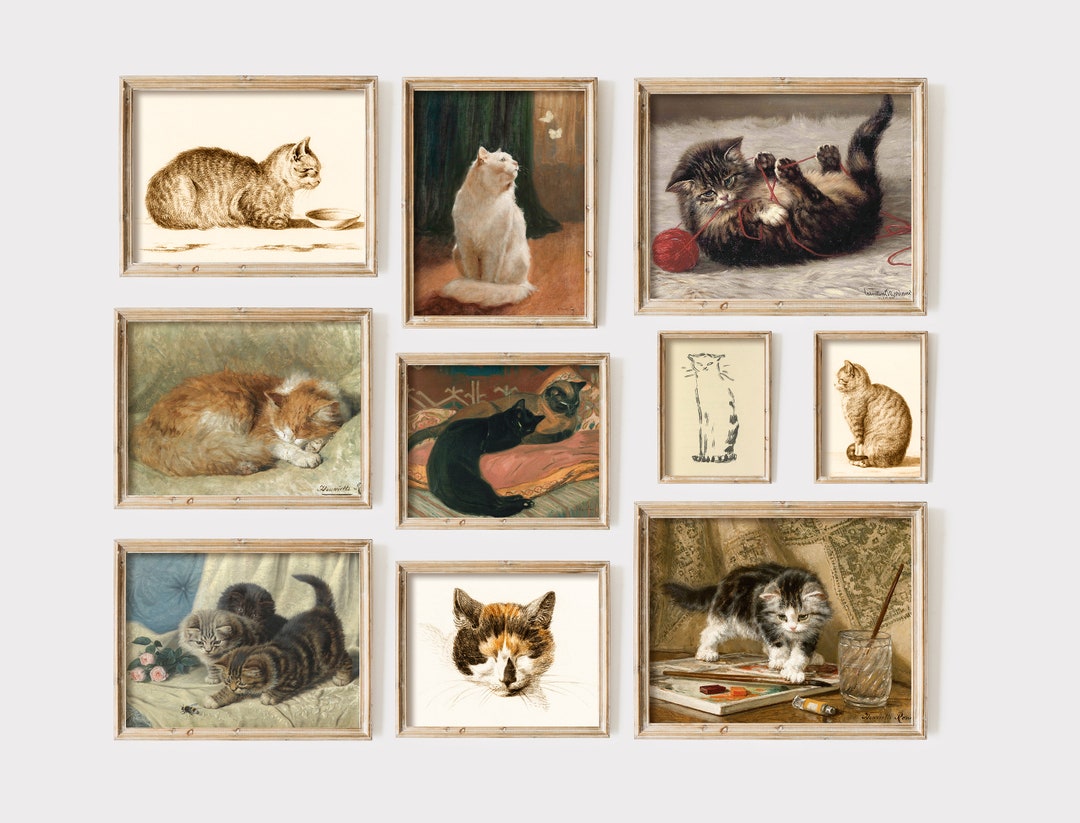 Vintage Printable Cat Art Set, Wall Art, Instant Download, Digital Prints, Cat Drawing, Living ...