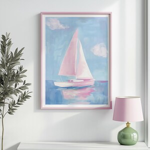 Pastel Pink Blue Sailboat Poster, Nautical Nursery Art, Coastal Summer ...