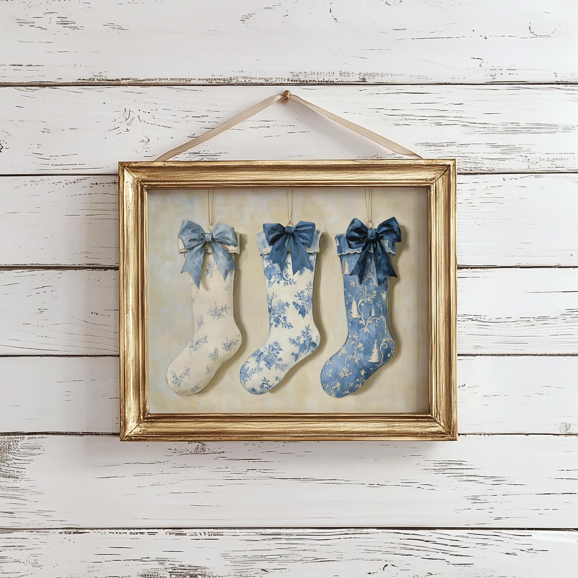 Trendy Blue Floral Stockings Painting, PRINTABLE Christmas Wall Art ...