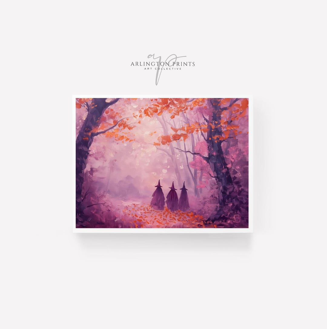 Witchy Wall Art, Printable Pink Halloween Print, Fall Forest Landscape ...