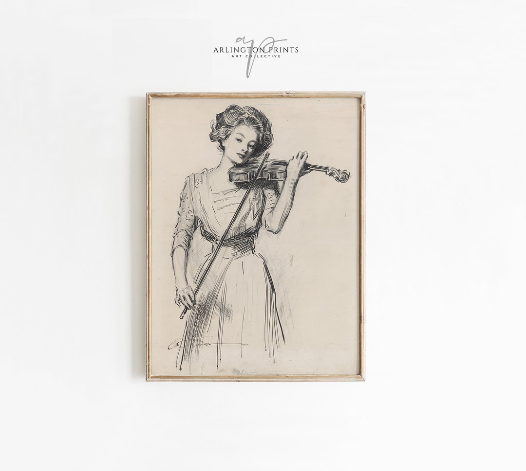 Vintage Portrait of a Violinist, Printable Sketch Woman Playing Violin ...