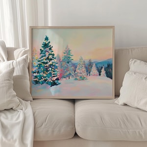 Pretty Pastel Christmas Trees Wall Art, PRINTABLE Winter Landscape Art ...