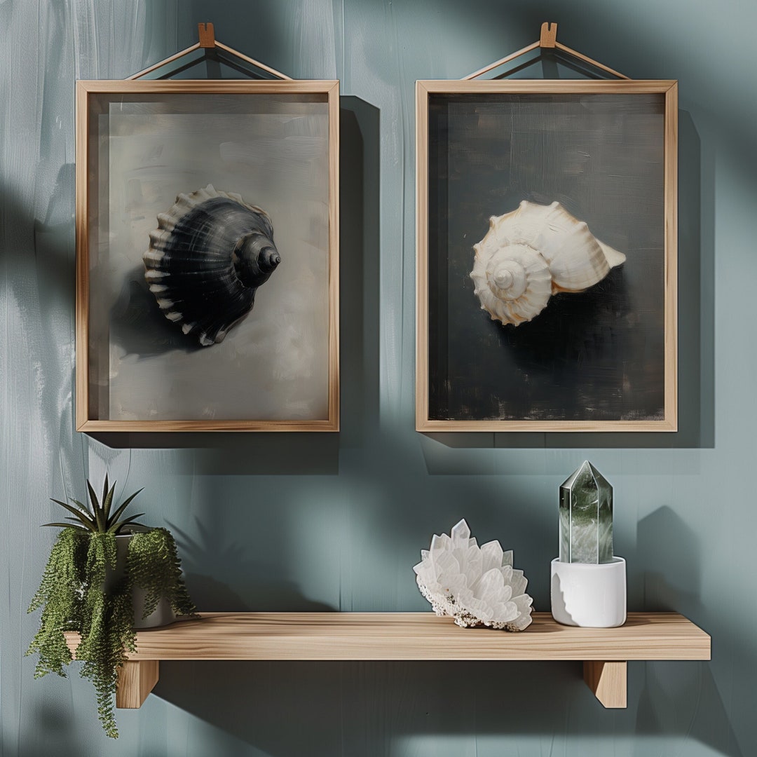 Vintage Seashell Print Set | Moody Shell Art | Beach Wall Art | Black ...