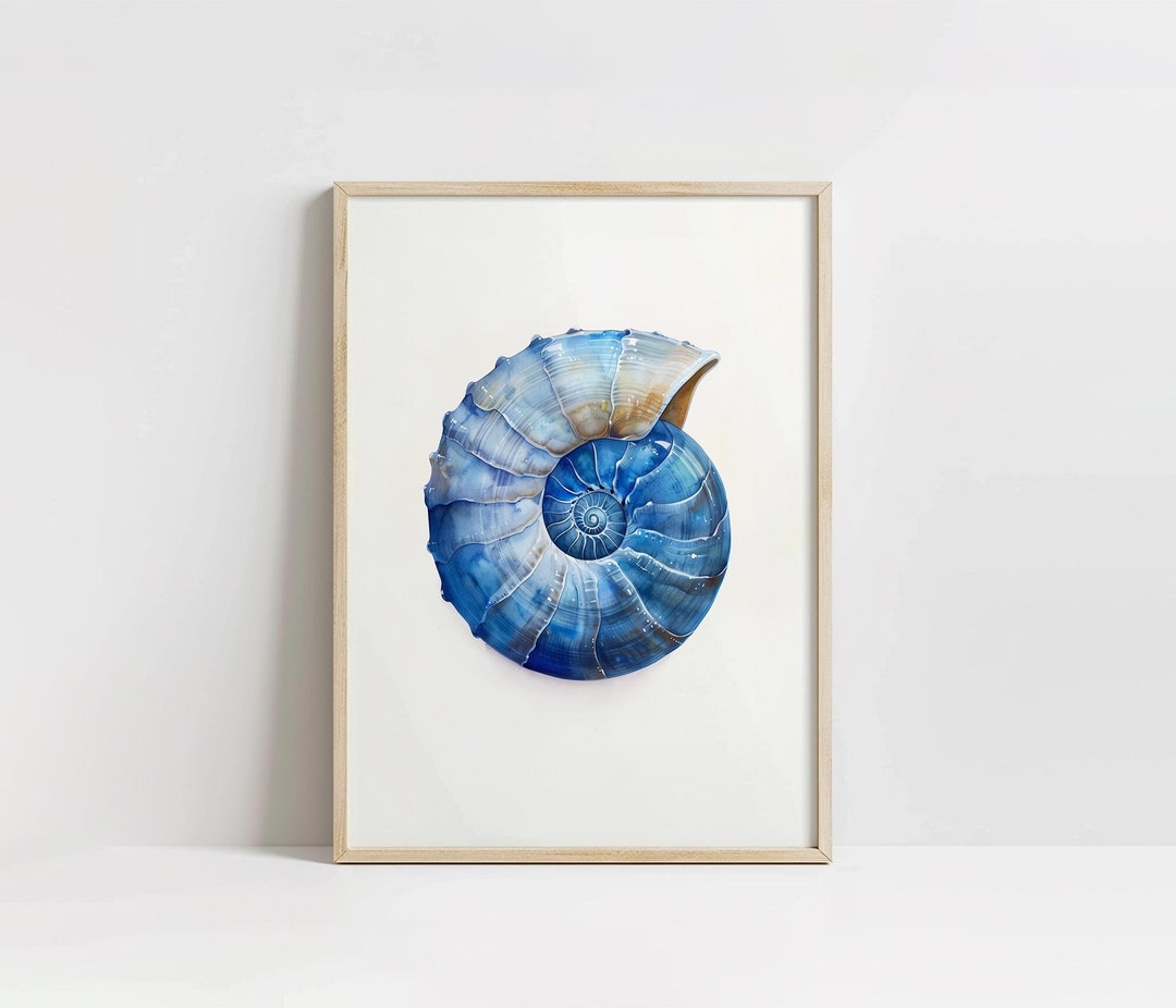 Blue Nautilus Shell Print, PRINTABLE Beachy Home Decor, Minimalist ...