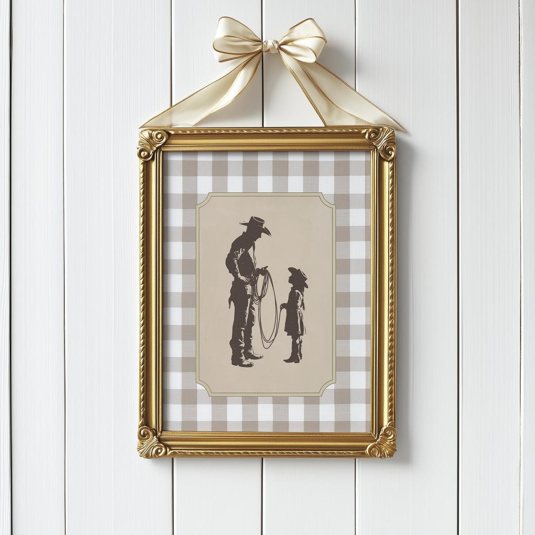 Cowboy Father Daughter Art, Western Cowboy Nursery Print, Beige Gingham ...