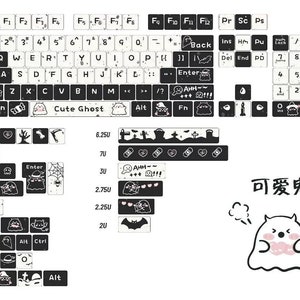 Black White Cute Ghost English PBT 139 Keys Cherry Profile Keycaps Set ...