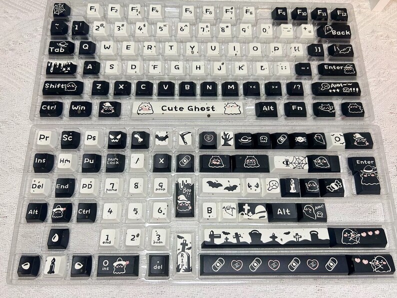 Black White Cute Ghost English PBT 139 Keys Cherry Profile Keycaps Set ...