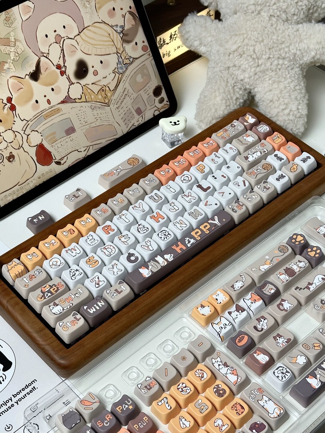 Happy Calico Cat PBT 142 Keys MAO Profile Keycaps Set, Cute Keycaps ...