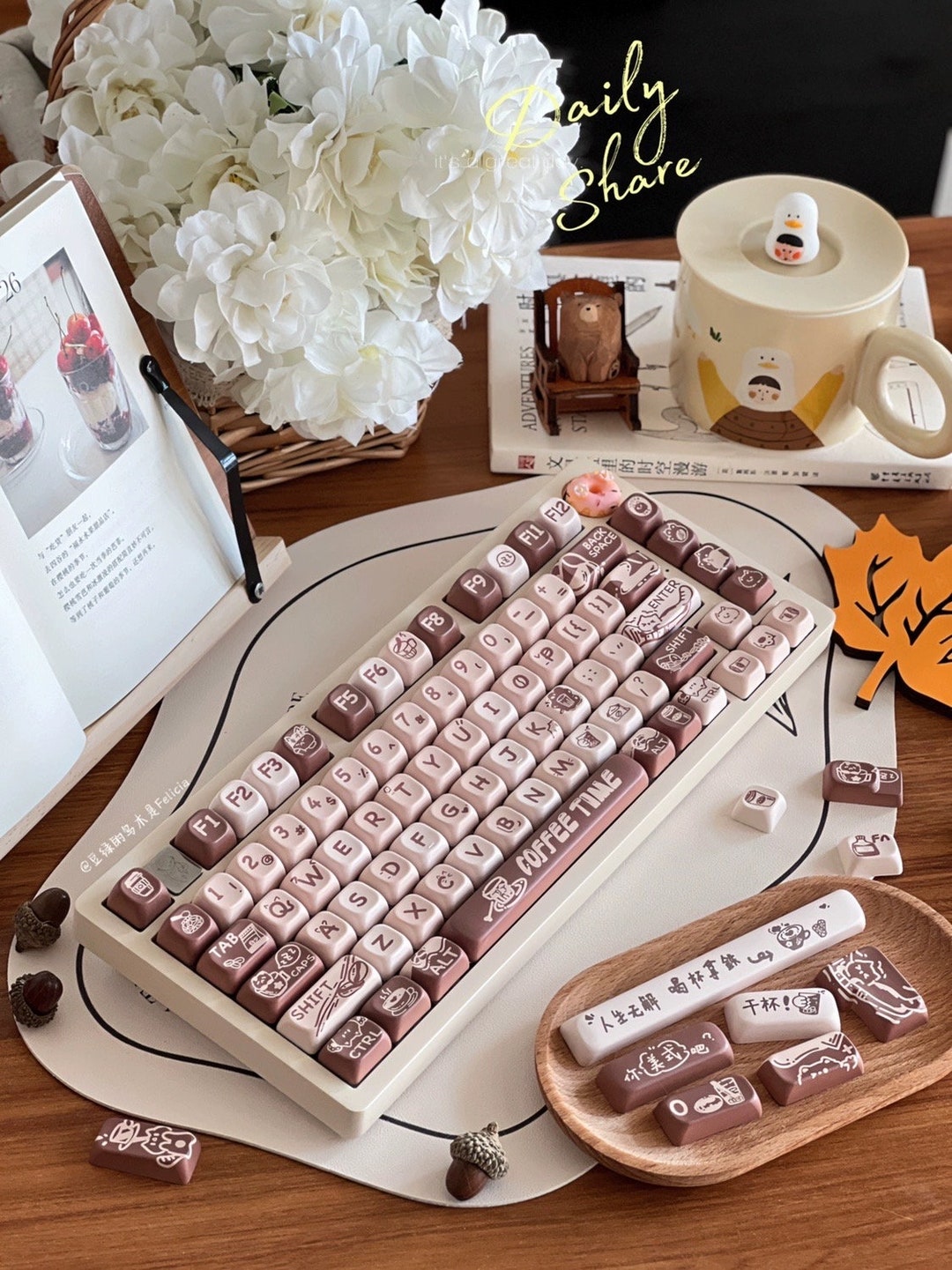 Coffee Time English PBT 140 Keys FOA Profile Keycaps Set, Cute Keycaps ...