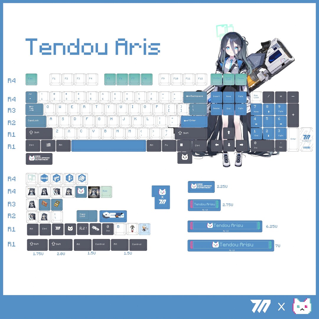 Blue Archive Tendou Arisu PBT 140 Keys Cherry Profile Keycaps Set, Cute ...